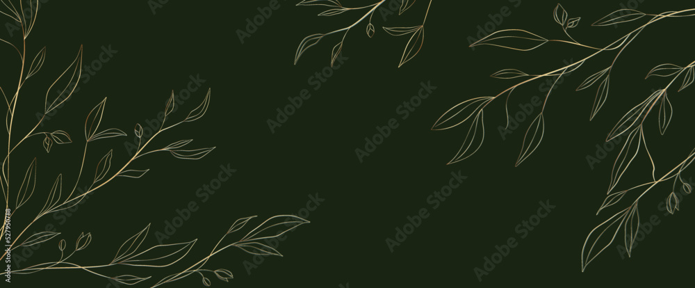 Dark green art background with golden leaves of tree branches in line ...