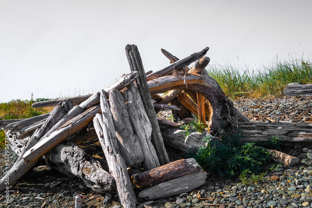 Log fort built on the beach on Vancouver Island, British Columbia ...