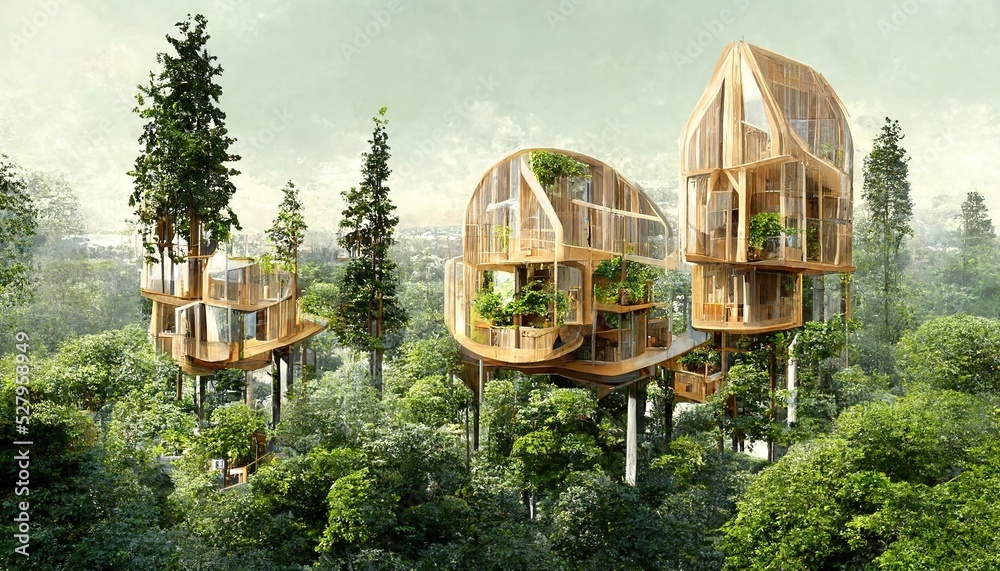 Spectacular image of a sustainable tree house surrounded by greenery in ...