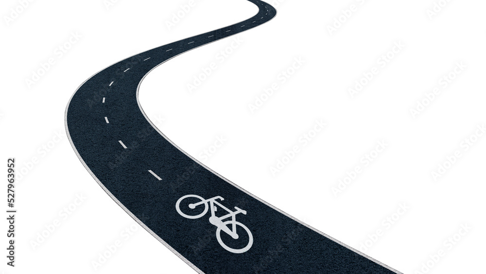Curve asphalt road isolated on white background, with cycle track and ...