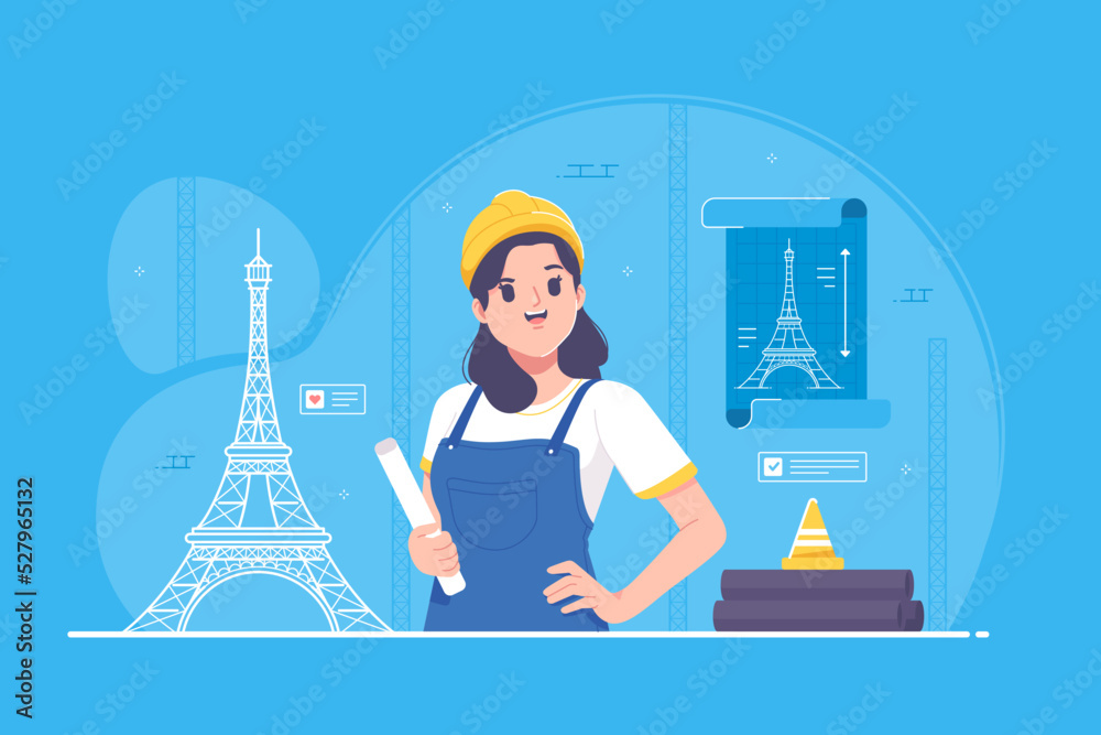 Girl Architect Character Working On Her Project Stock Vector Adobe Stock