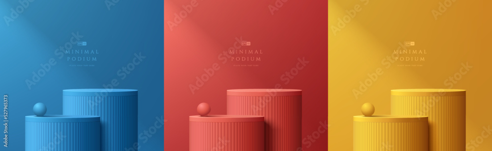 Set of abstract 3D background, Realistic blue, red and yellow steps ...