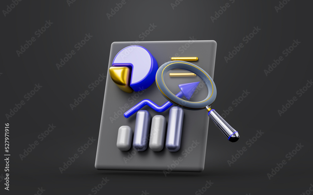business chart pie with magnify glass sign on dark background 3d render concept for growth ...