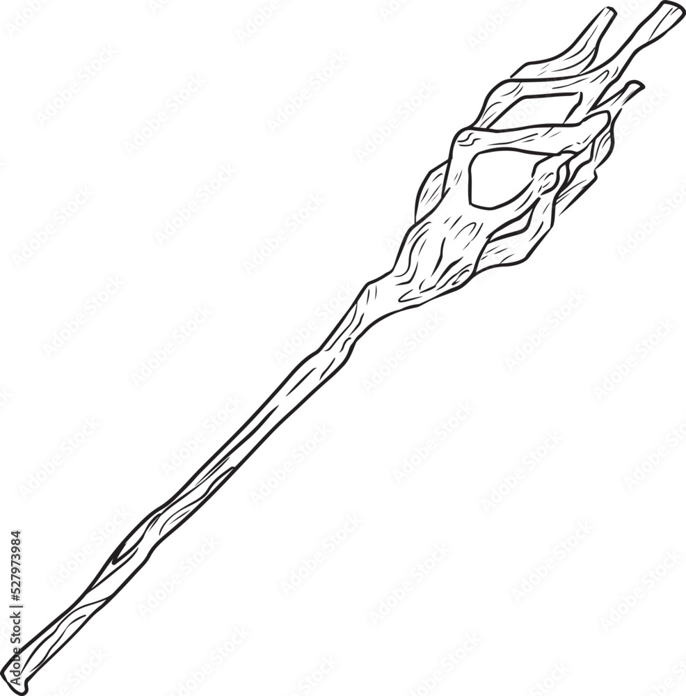 Wooden staff magical stick doodle isolated icon. Sketch of druid or ...