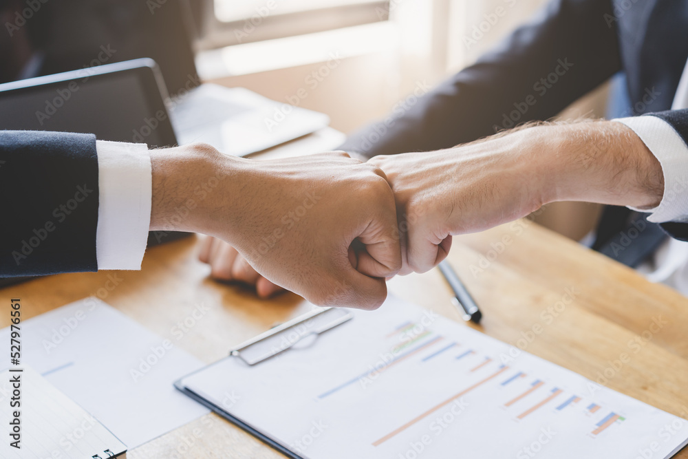 Congrats, business partnership people, two asian and caucasian young ...