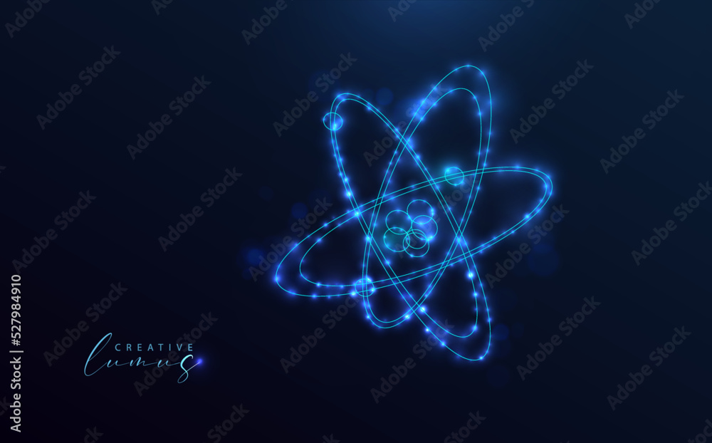 Starry Atom icon on deep blue background. Neon light in the universe ...