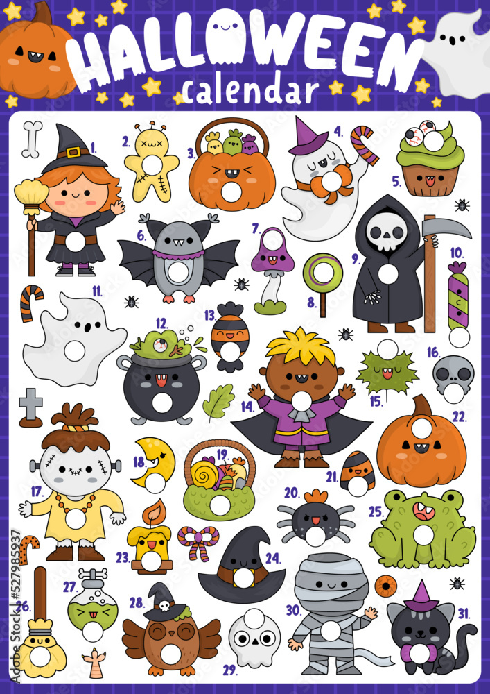 Vector Halloween advent calendar with traditional holiday symbols. Cute ...