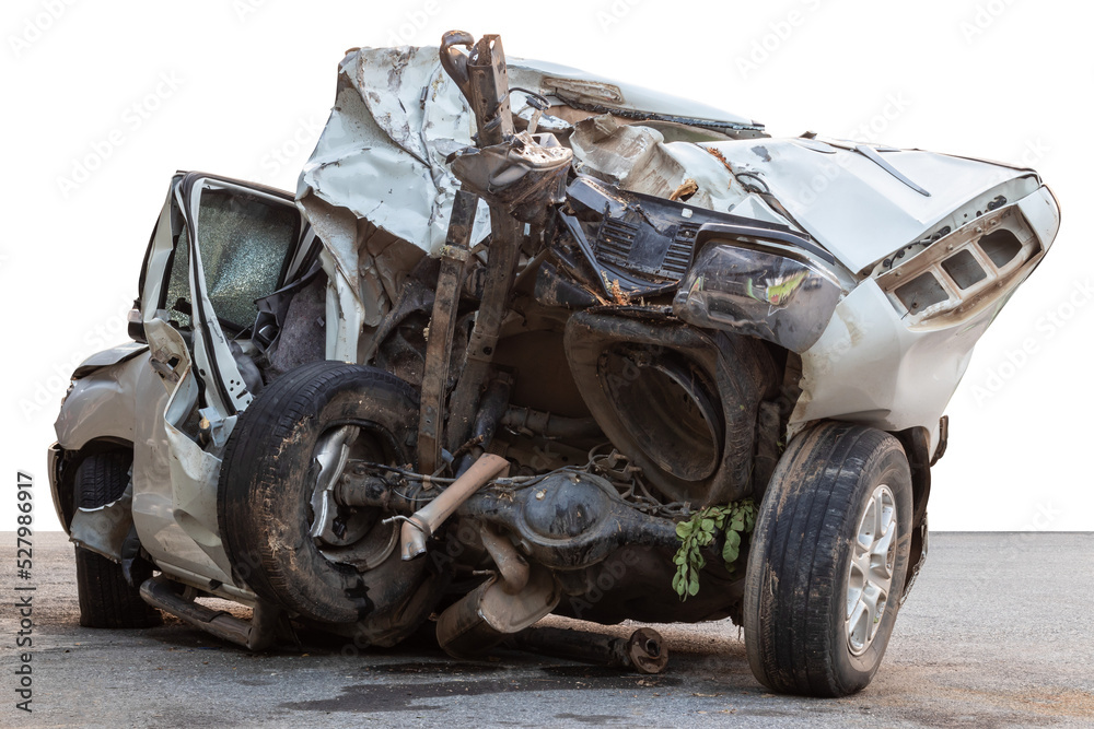 The isolate on the back of a white car was demolished in an accident ...