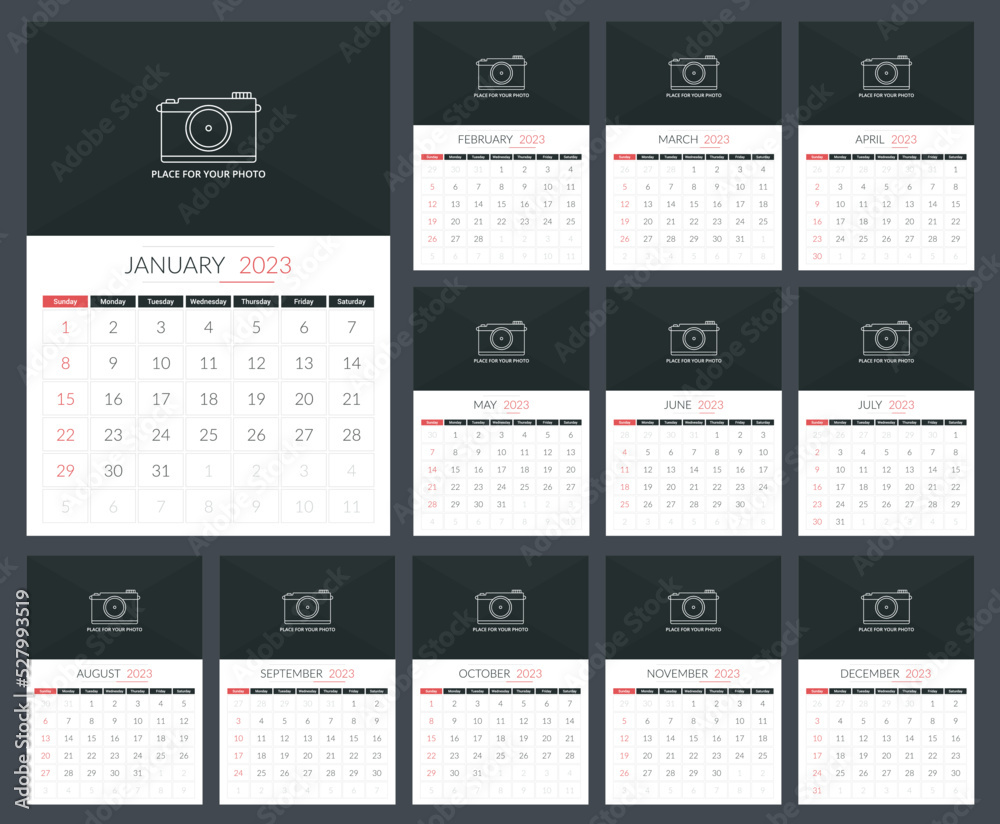 2023 Calendar template, week starts on Sunday, a3 size, place for your ...
