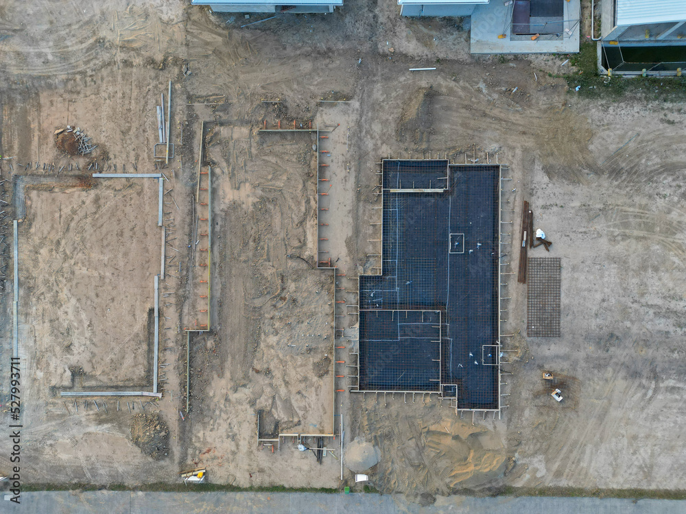 Aerial photo of construction site, new build houses at various stages ...