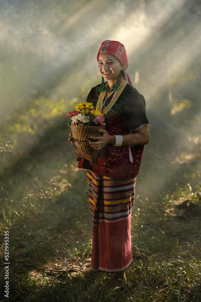 Beautiful Asian young tribal lady in the native traditional dress ...