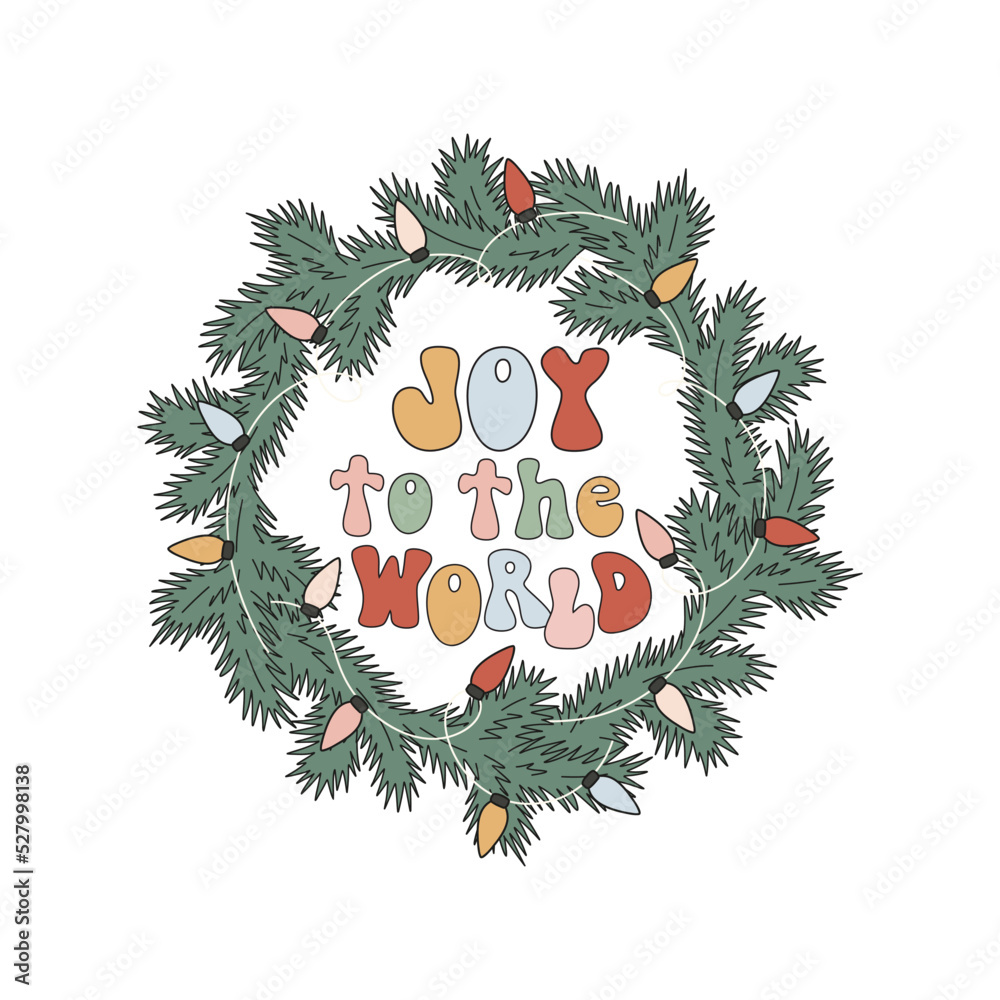 Hippie Groovy Christmas spruce wreath with garland vector illustration ...