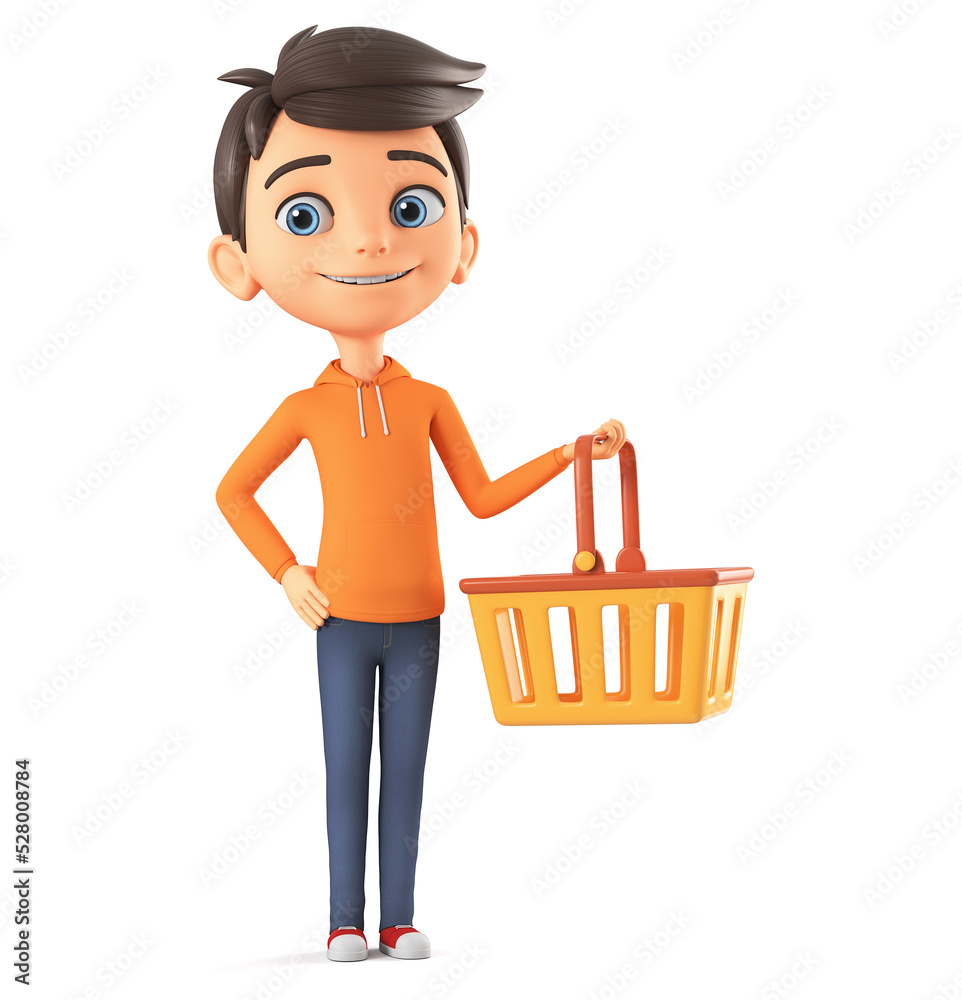 Cartoon character boy holding a basket for groceries against white ...