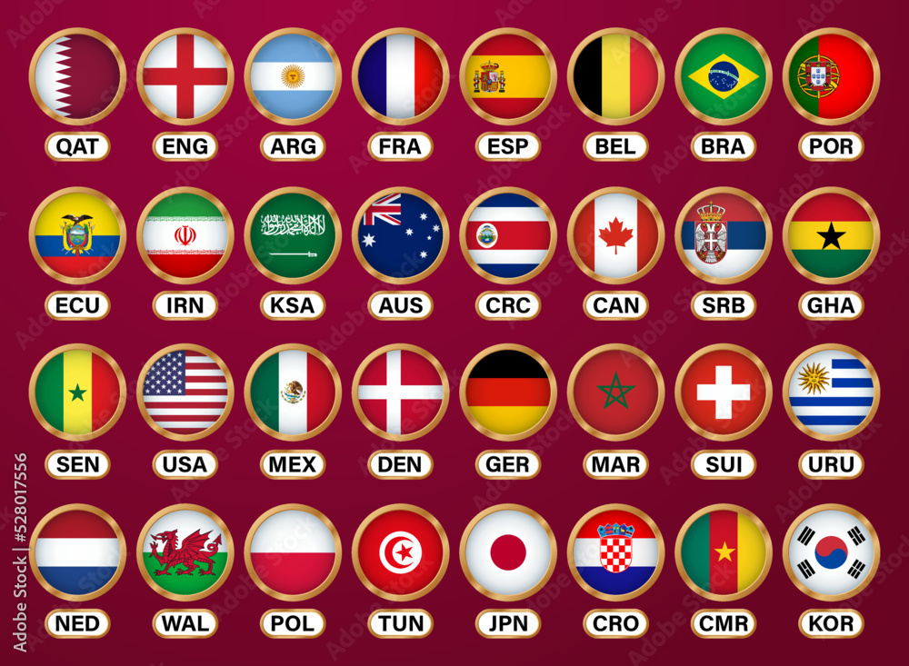 Badges of the national flags of the participating countries of the 2022 ...