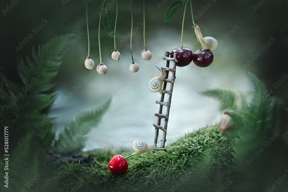 Magic scene, fantasy story. Team of snails collect cherries, farming ...