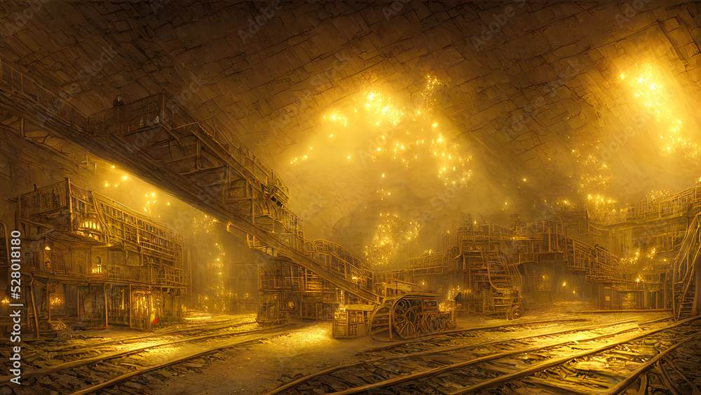Artistic concept painting of a gold mine and small gold nuggets ...