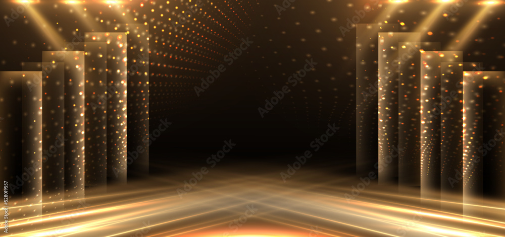 Elegant golden stage diagonal glowing with lighting effect sparkle on black background. Template ...