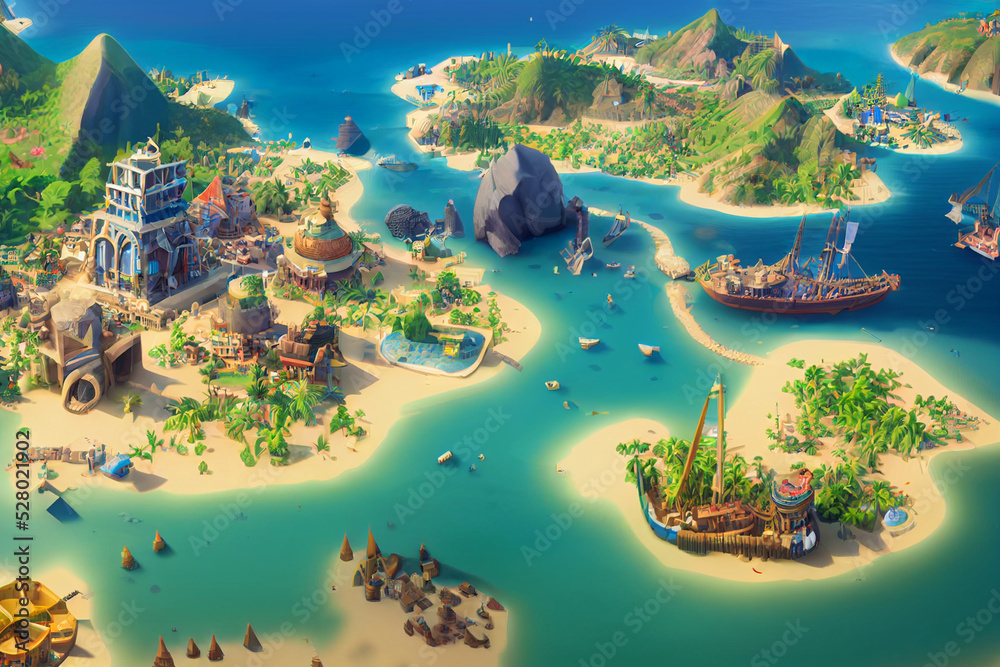 3D Render of Caribbean pirate archipelago in isometric perspective ...