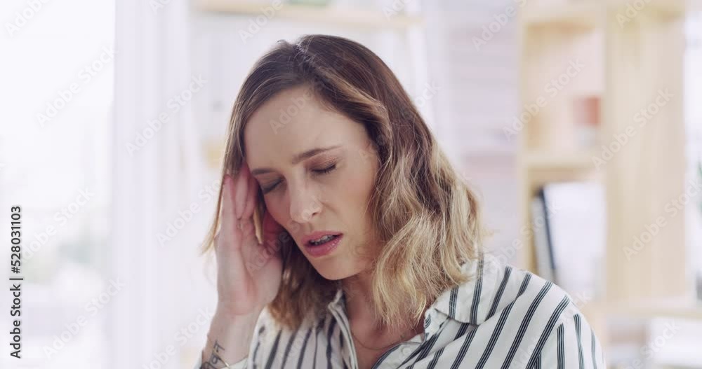 Headache, pain and woman with stress fatigue from uncomfortable ...