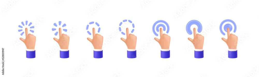 3D hands click cursor. Finger render touch emoji elements. Human ...