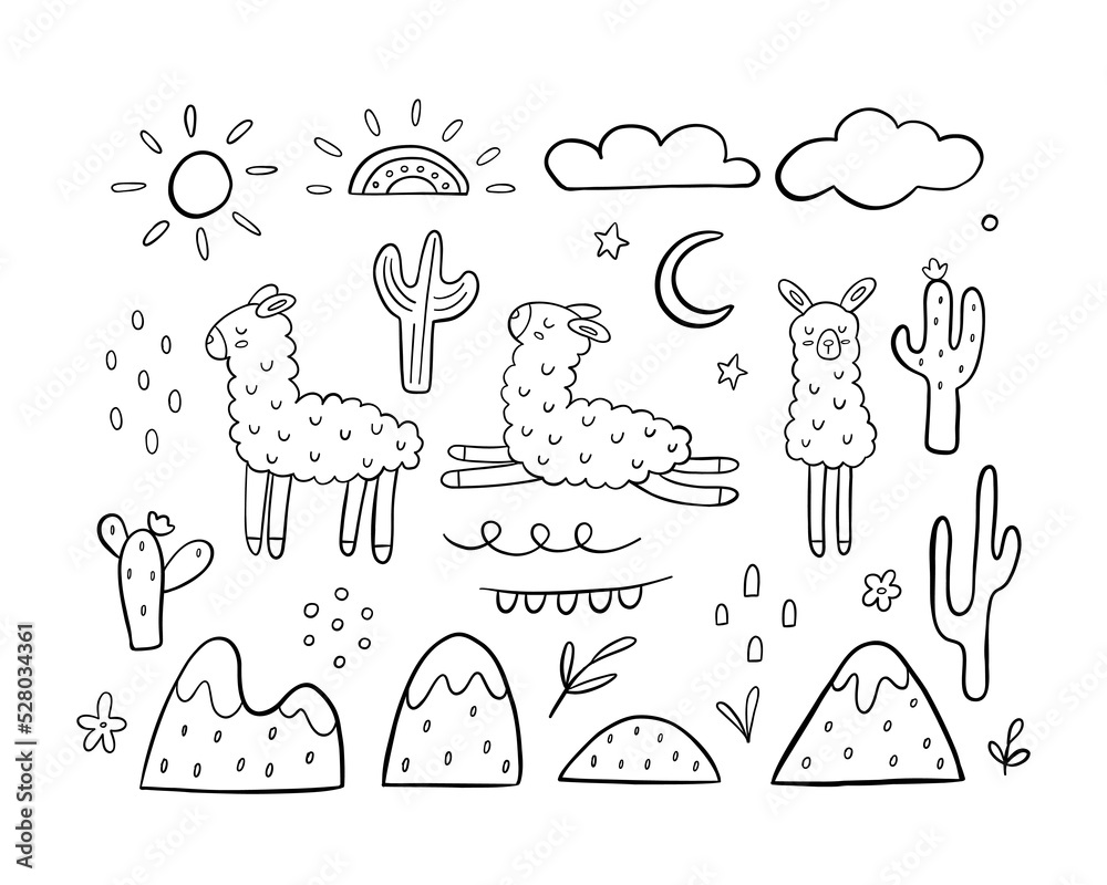 Set of llamas, cactuses and landscape on a white background. Hand drawn ...