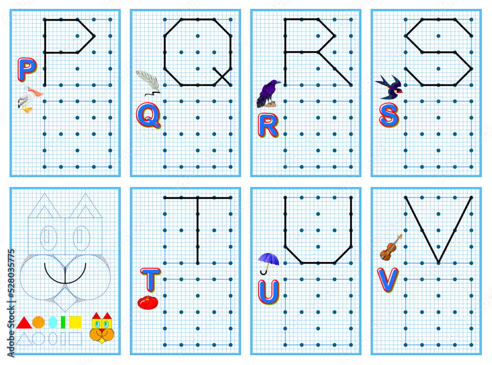 Set of educational pages for little children on square paper. Connect ...