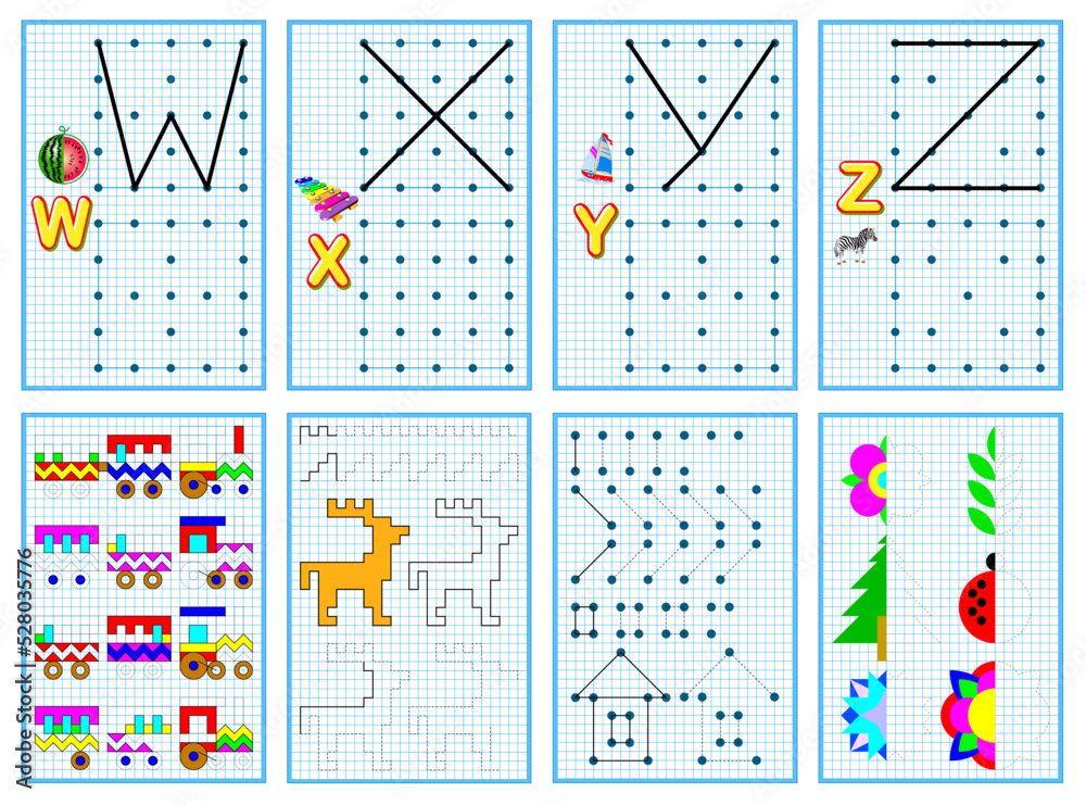 Set of educational pages for little children on square paper. Connect ...