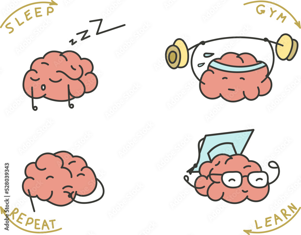 Brain set characters. Cute cartoonish brain set bundle. Healthy ...