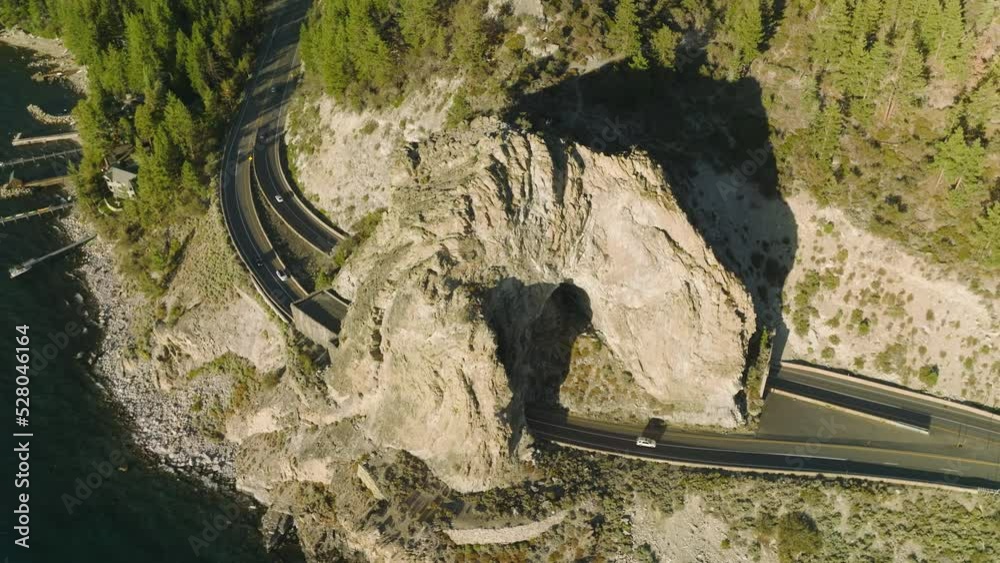 Aerial Cave Rock tunnel along the eastern shore of Lake Tahoe, Nevada ...