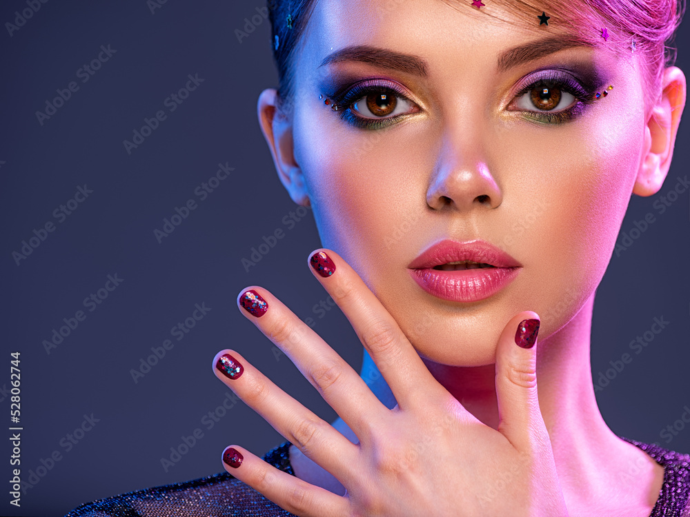 Portrait Of A Beautiful Woman With Bright Makeup Closeup Female Face With Purple Eye Make Up