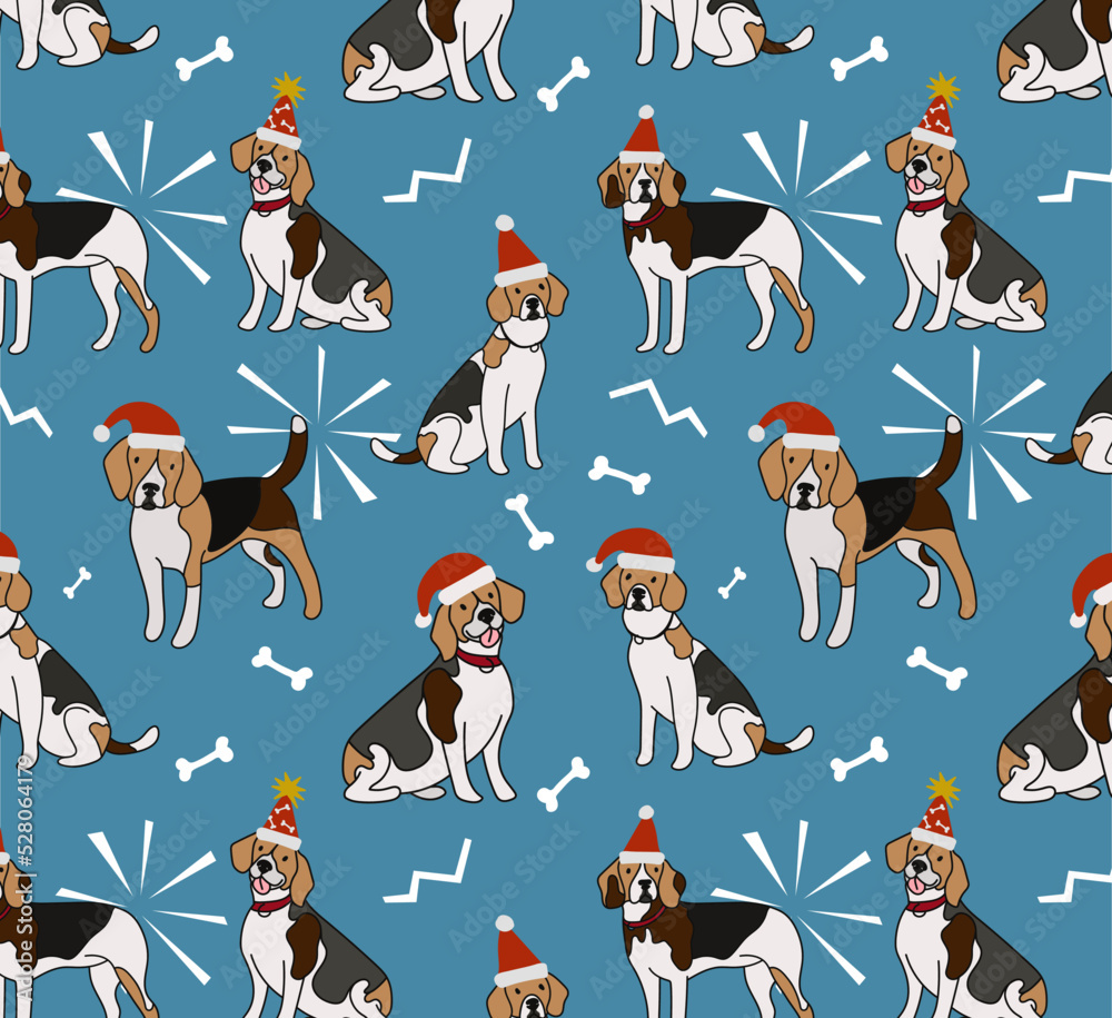 Dog seamless pattern Christmas vector beagle Santa Claus paw footprint ...