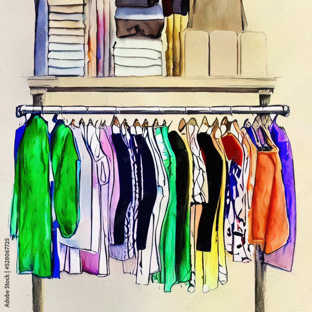 Store clothes exhibition in Shopping mall. Fashion illustration of ...