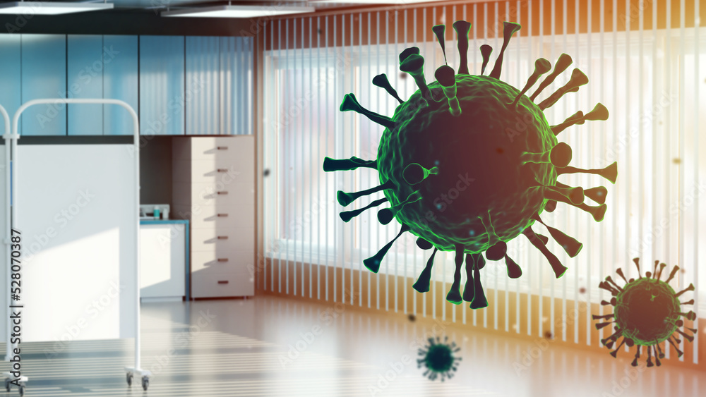 Virus molecules in hospital. Spread of coronavirus covid-19. Hospital ...