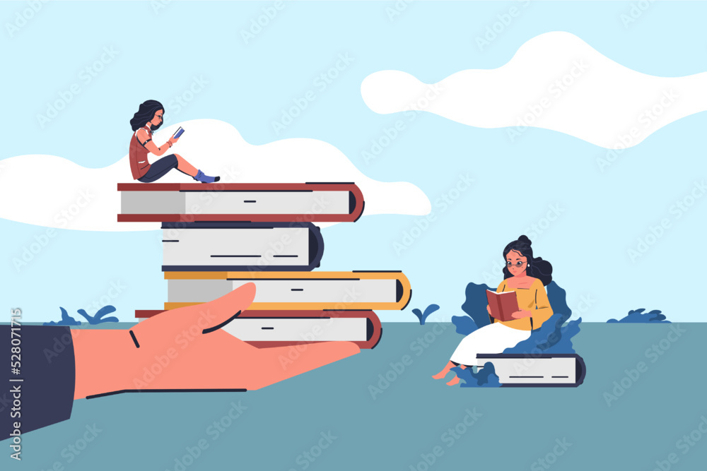 People love reading. Hand hold stack of books, tiny characters ...