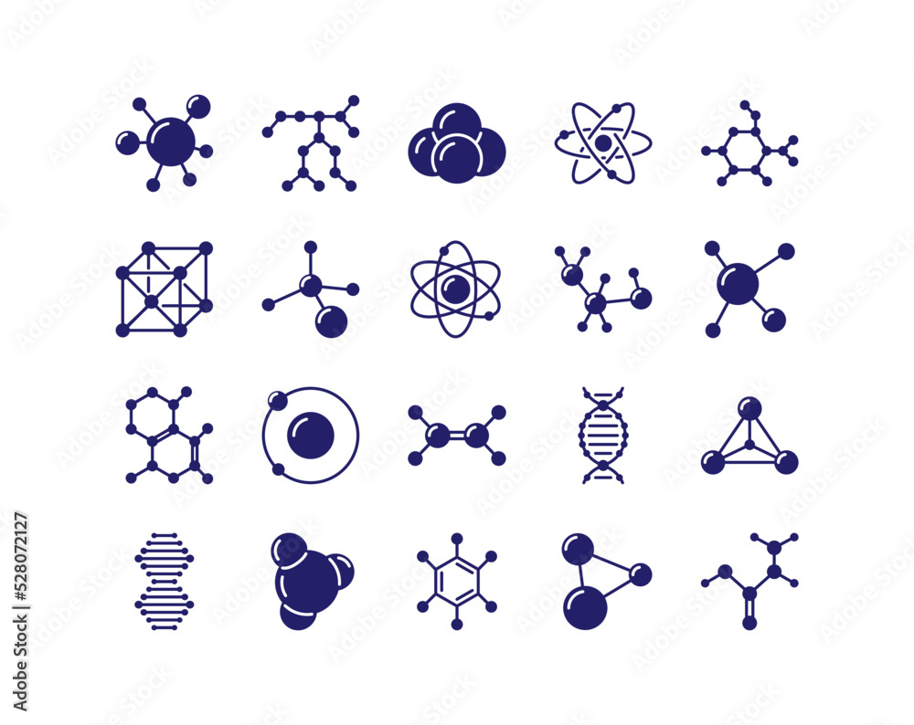 Chemical icons. Molecular formula structure. Molecule pictogram. Bio ...