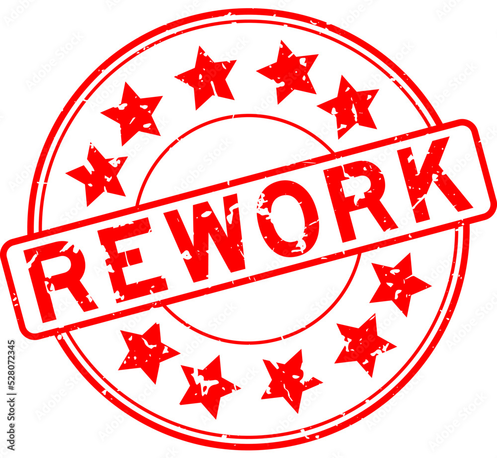 Grunge red rework word with star icon round rubber seal stamp on white ...