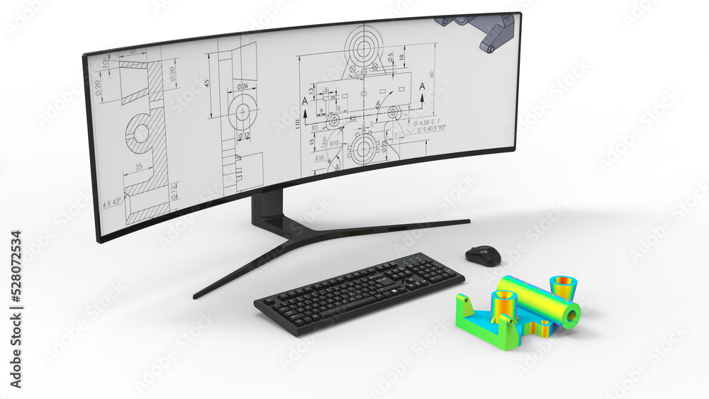 3D rendering - FEA analysis of a mechanical part on a PC Stock ...