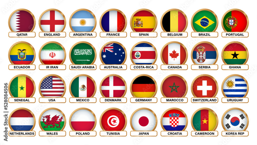 Round badges of national flags of participants of the World Football ...
