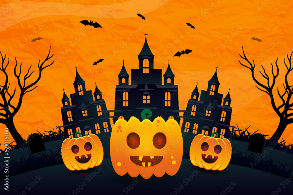 Halloween Spooky Night time Scene Horizontal Background with pumpkin ...