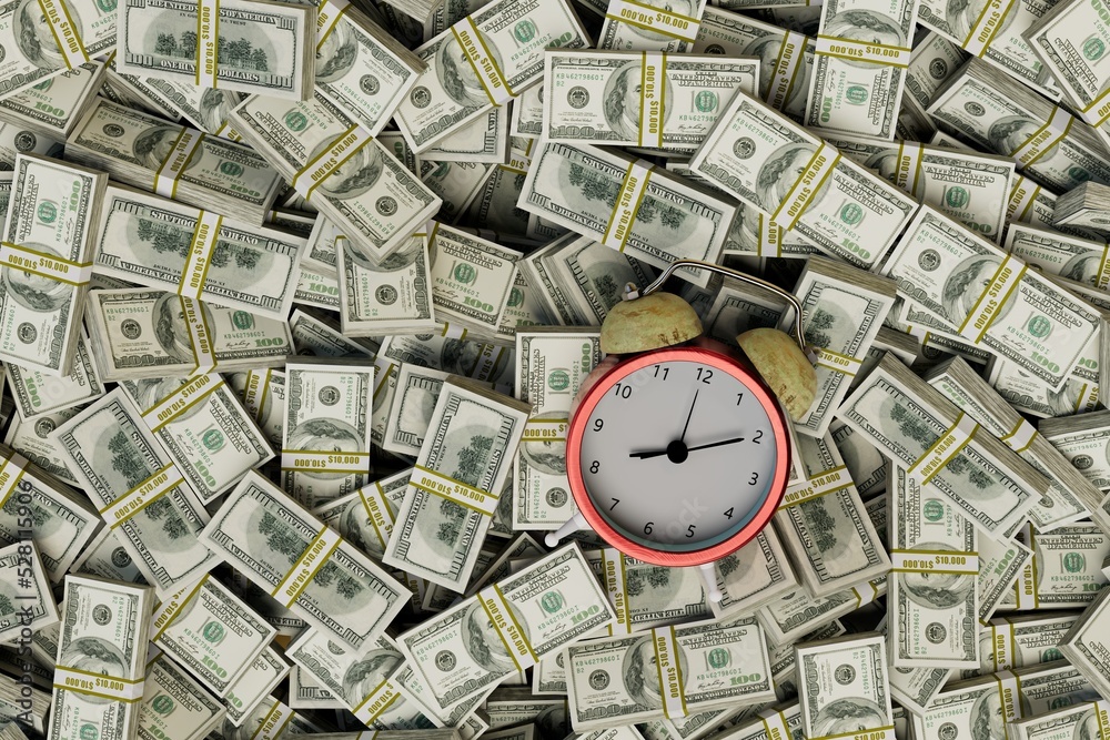time is money. clock on the background of patterns of paper dollars. 3d ...