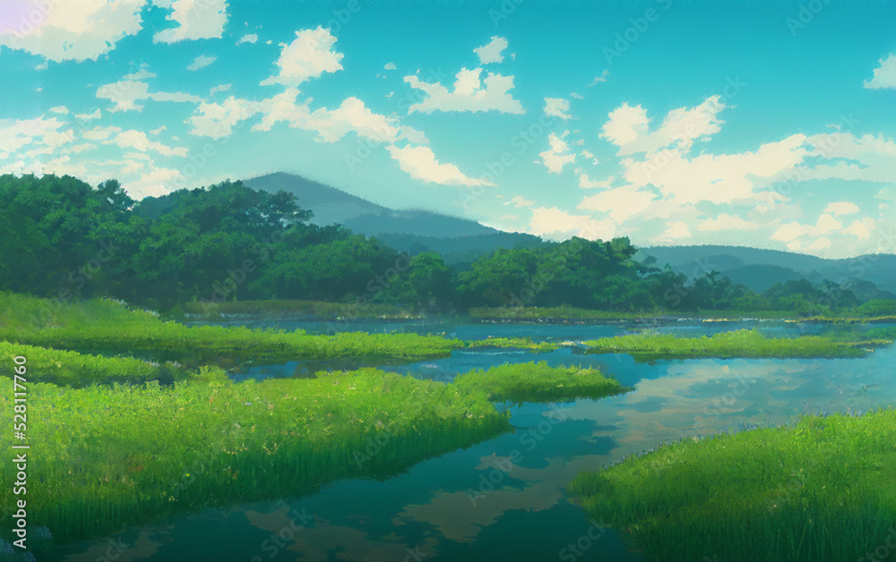 landscape with lake and mountains in anime background style. Stock ...