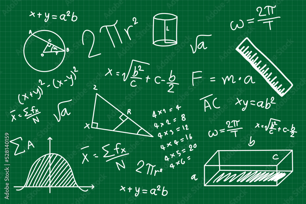 Design with math equations, geometric shapes and scientific symbols on ...