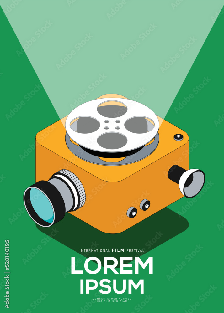 Movie and film poster design template background with vintage camera ...
