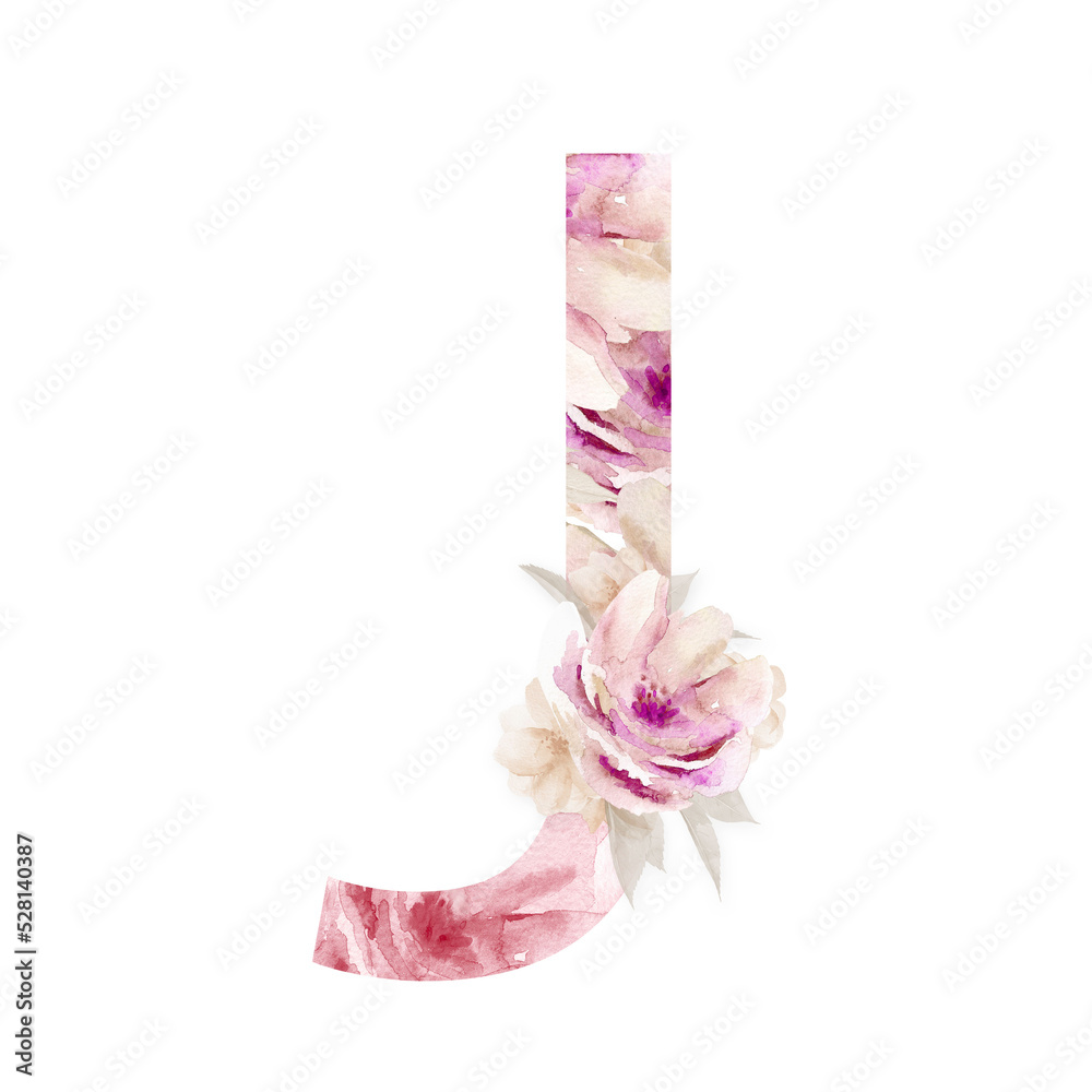 Pink floral Letter J Alphabet Typography Design. Watercolor Font letter ...