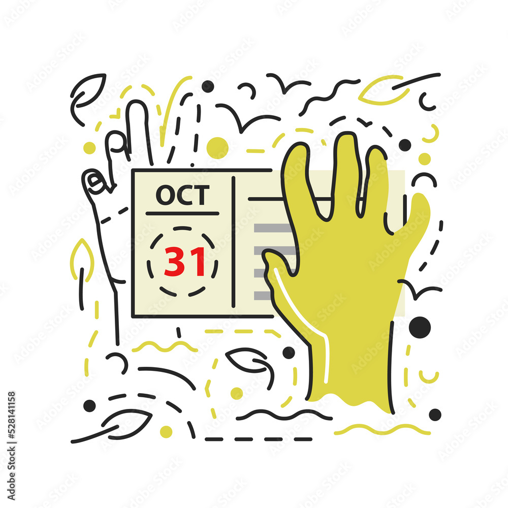 Green zombie hand with calendar and leaves. Halloween holiday arms ...