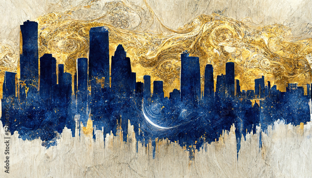 Spectacular blue and golden abstract city background on white ...