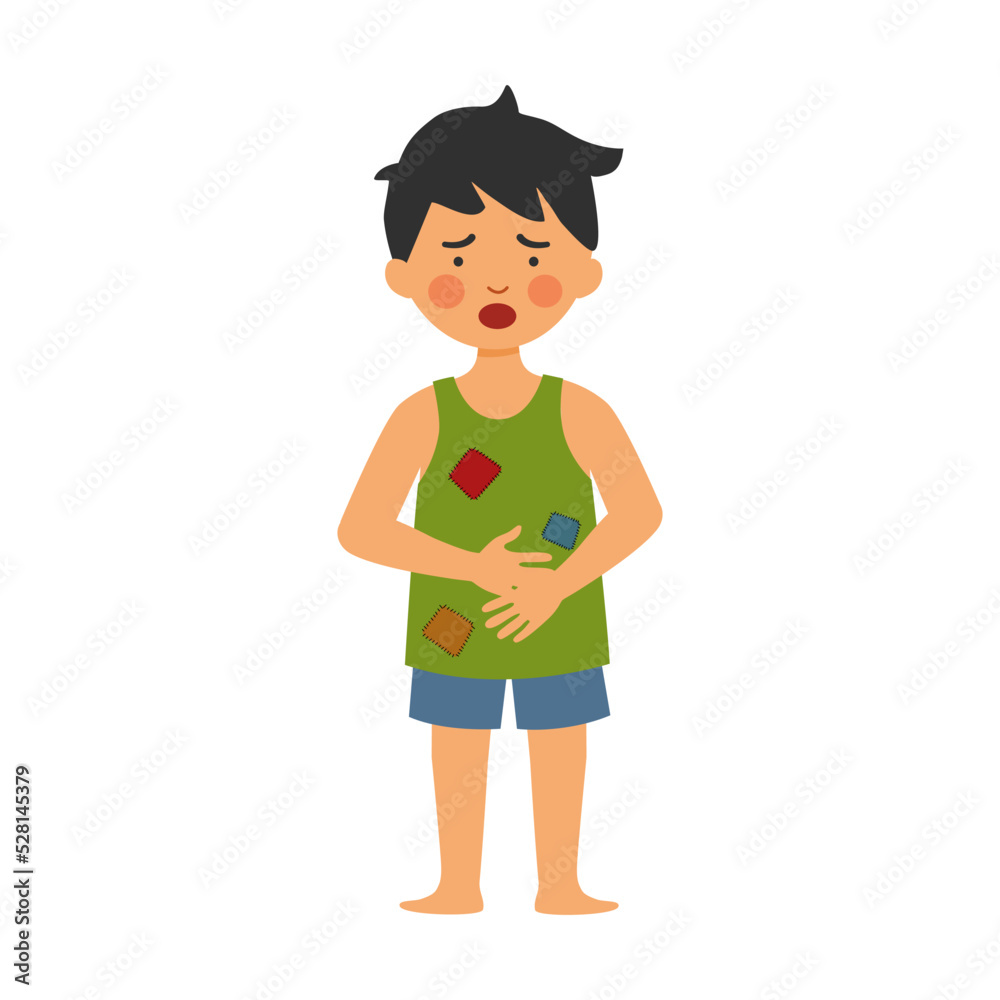 Poverty hungry boy wearing old and dirty clothes in flat design on ...