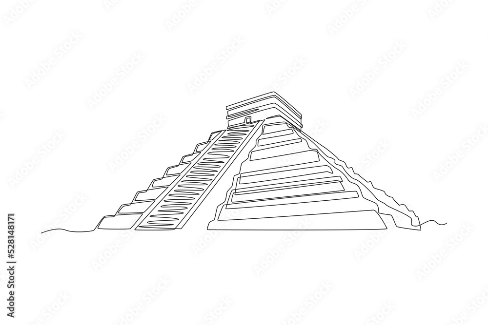 Continuous one line drawing Mayan pyramid in Mexico. Landmark concept ...
