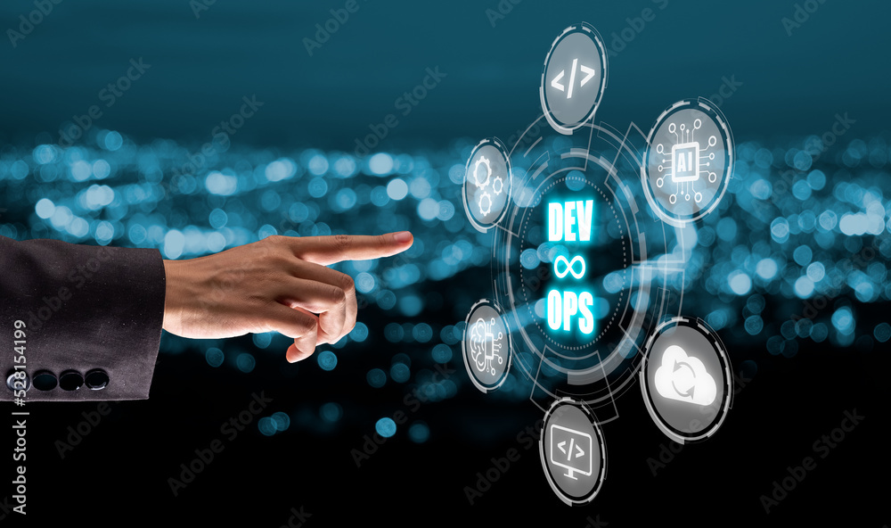 DevOps concept, Man hand touching DevOps icon on VR screen with blue ...
