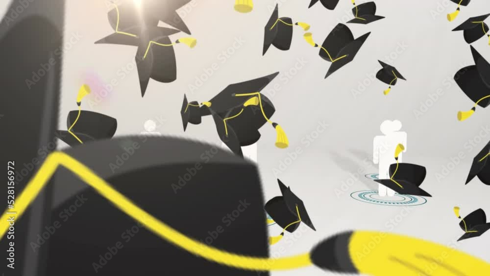 Multiple graduation caps falling against multiple people icons maintain ...